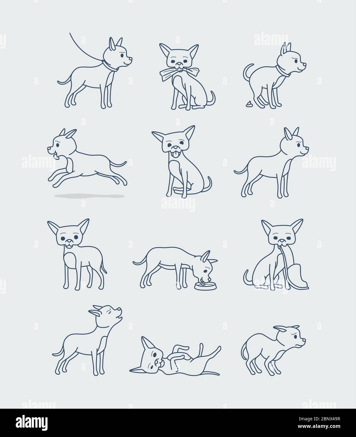 Cute dog doodle thin line icons set. Little chihuahua dog in different ...