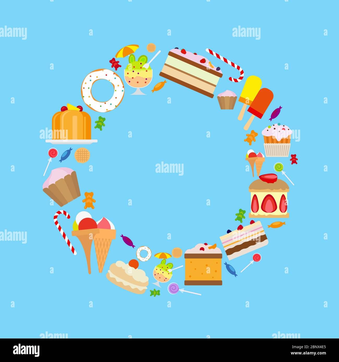 Sweets and candies round frame on blue background. Vector illustration ...