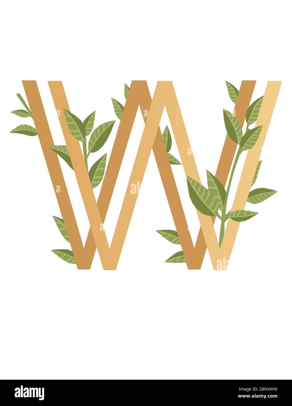 Letter W with gradient style beige color covered with green leaves eco ...
