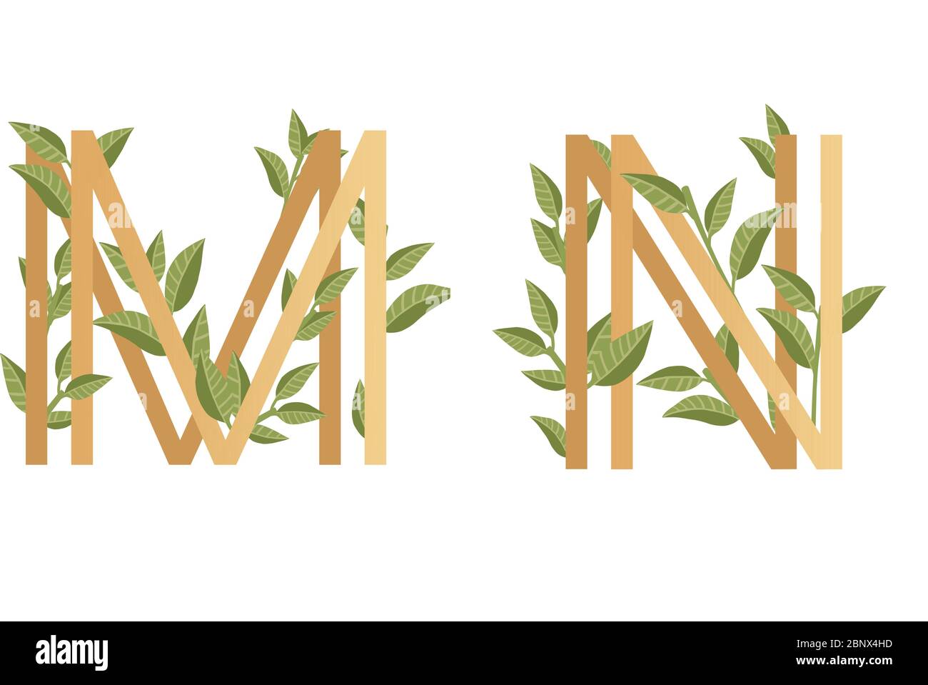 Letter N with gradient style beige color covered with green leaves eco ...