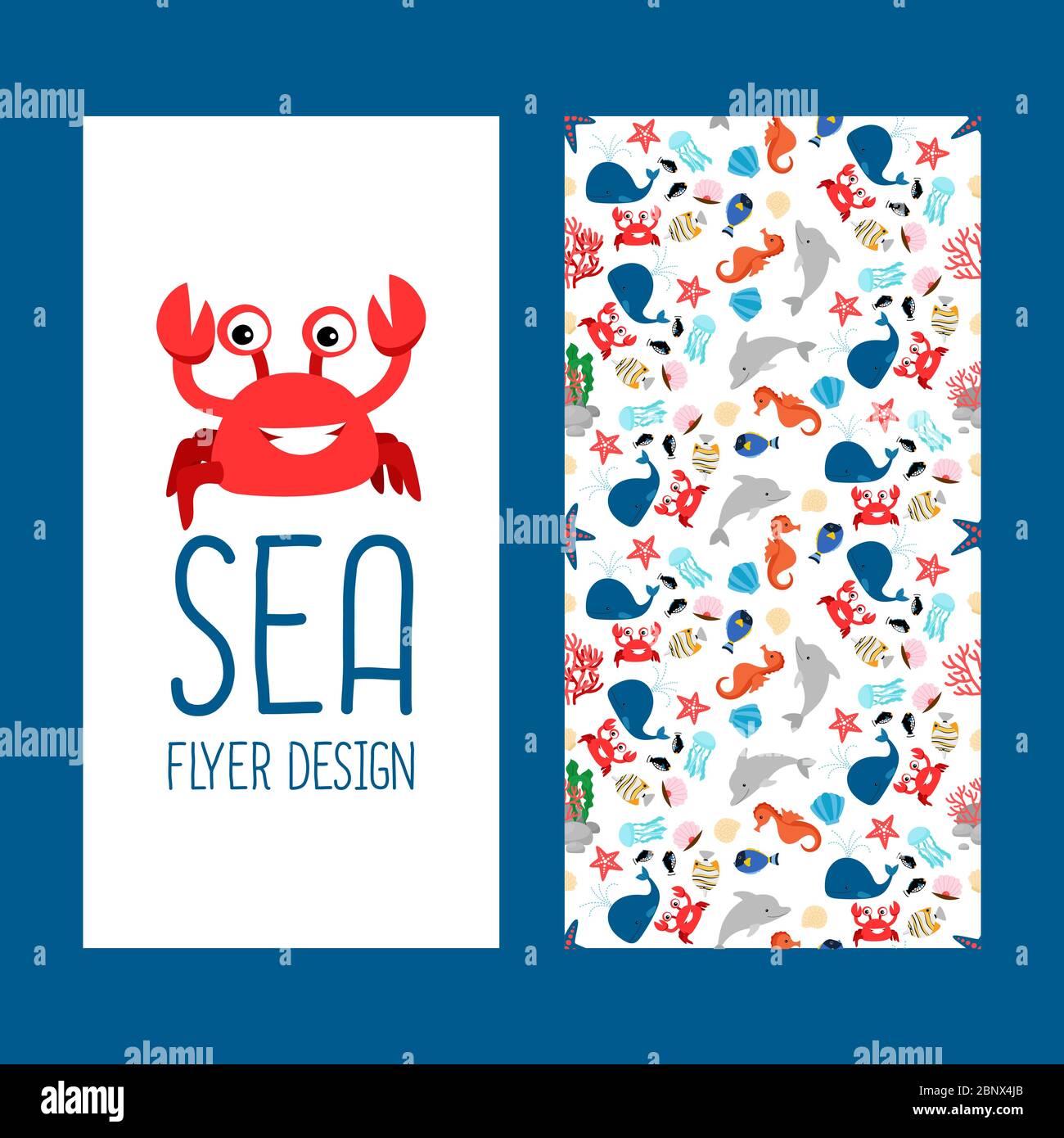 Sea life vertical flyer design with cute pattern. Vector illustration ...