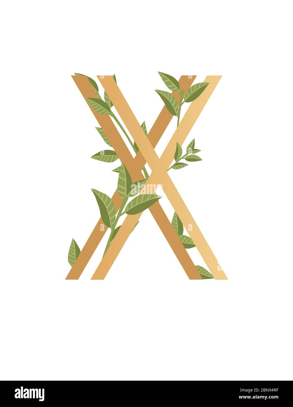 Letter X with gradient style beige color covered with green leaves eco ...