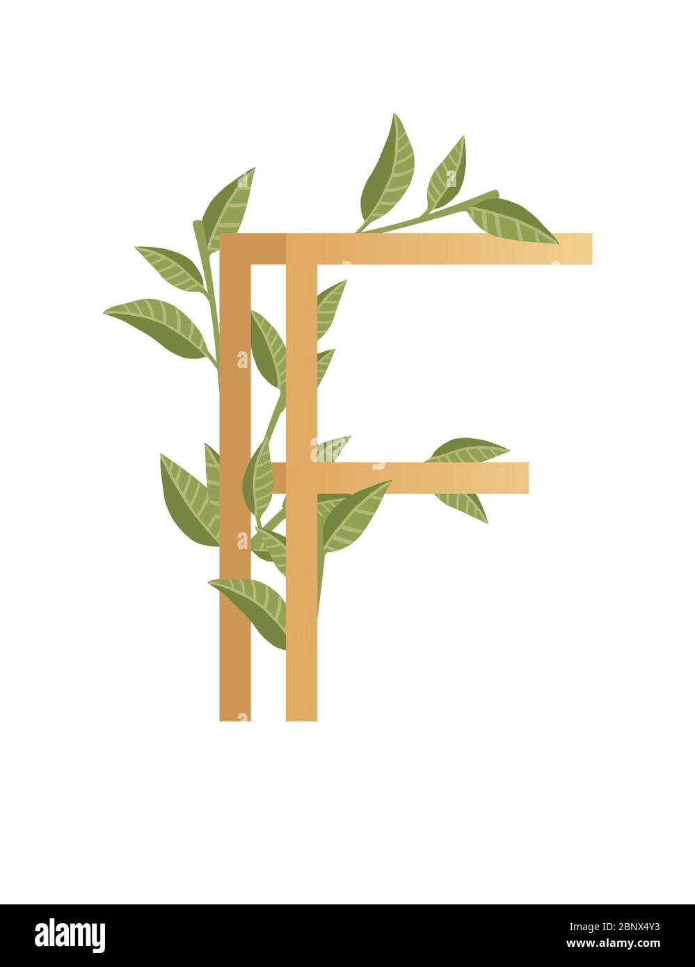 Letter F with gradient style beige color covered with green leaves eco ...