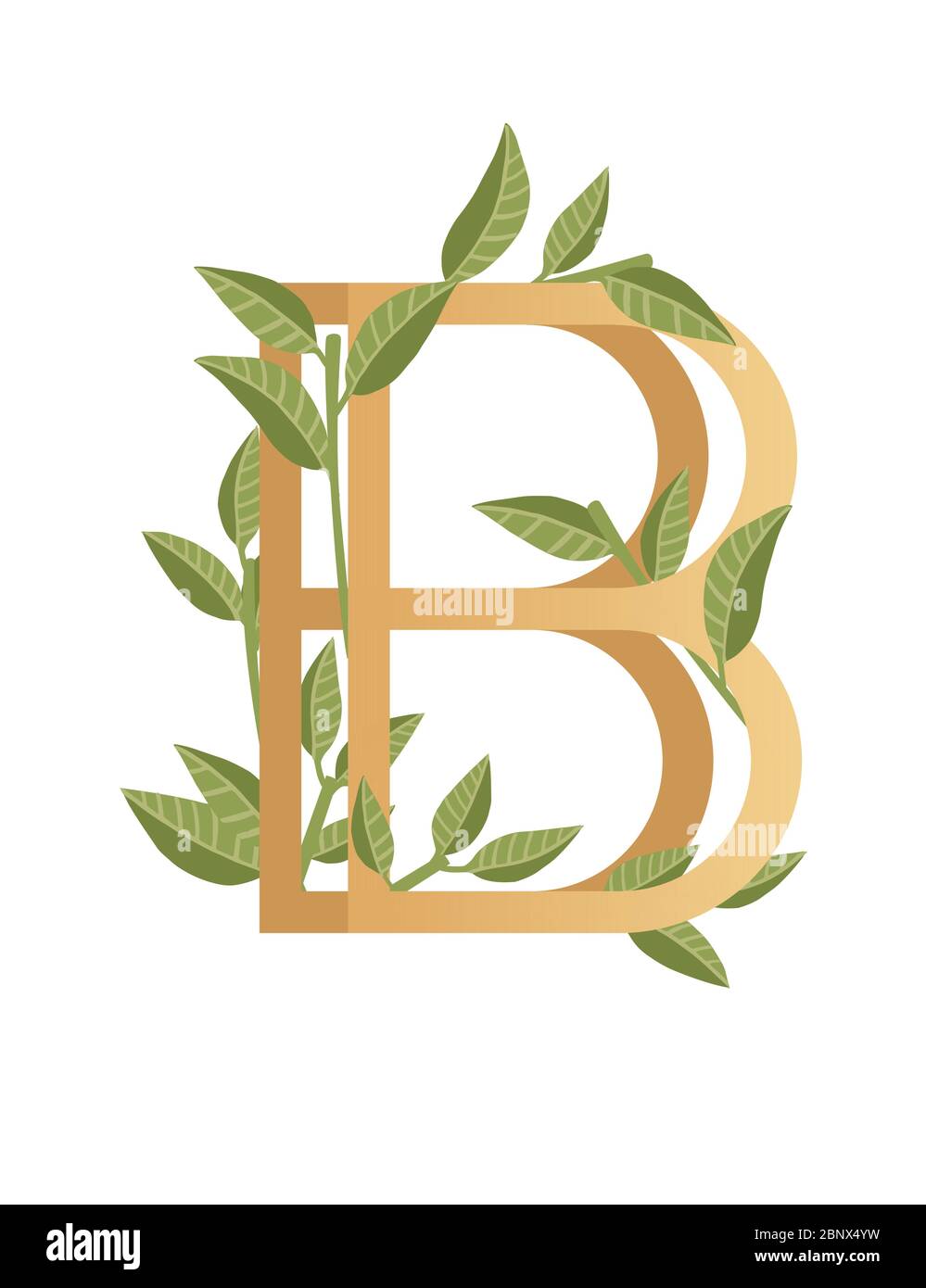 Letter B with gradient style beige color covered with green leaves eco ...