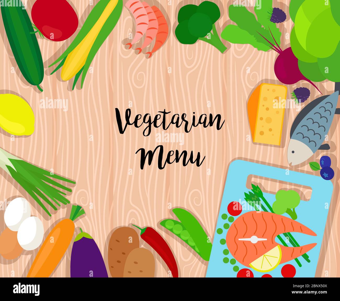 Healthy food on the wooden background, vegetarian menu template. Vector ...