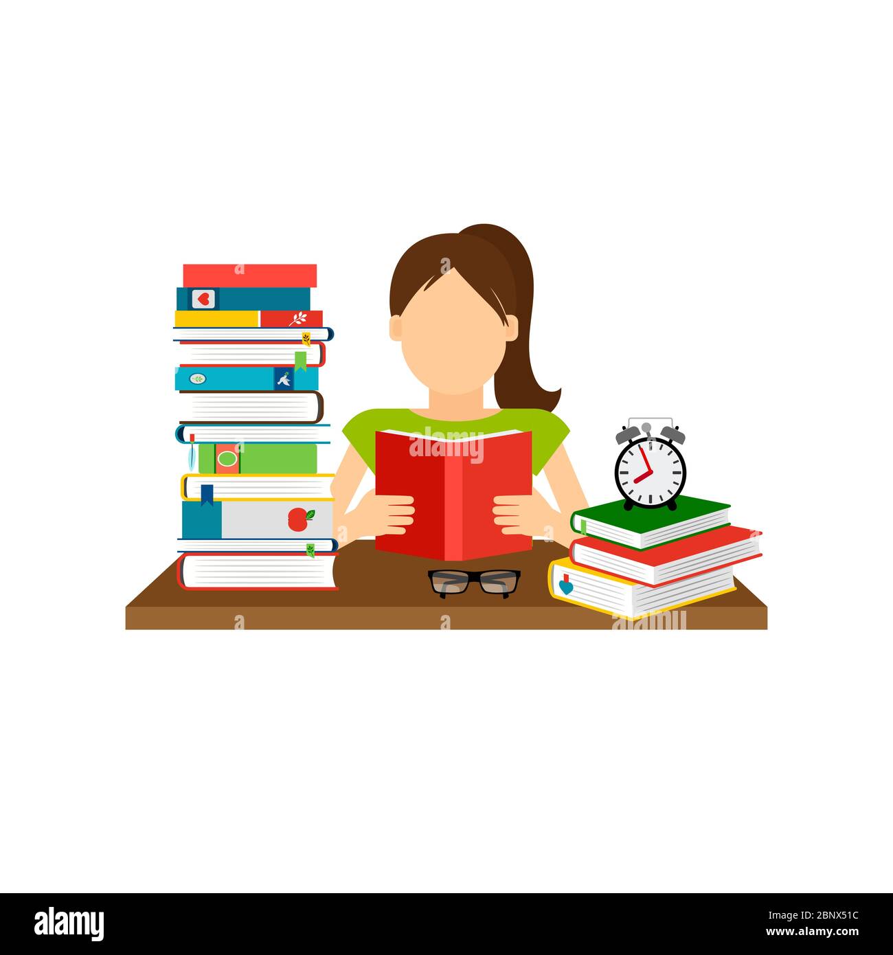 Woman sitting by the table and reading book, with stack of books next ...
