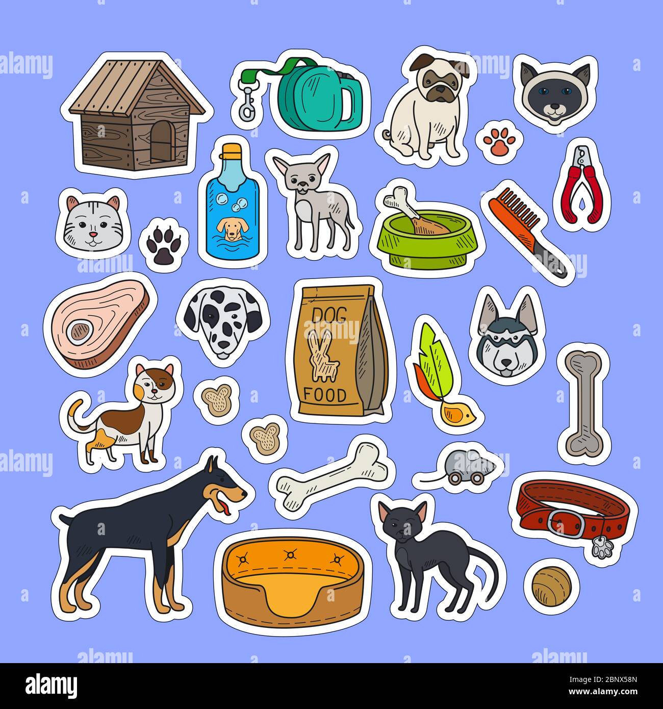 Vector hand drawn pets. Cats and dogs colorful stickers Stock Vector ...