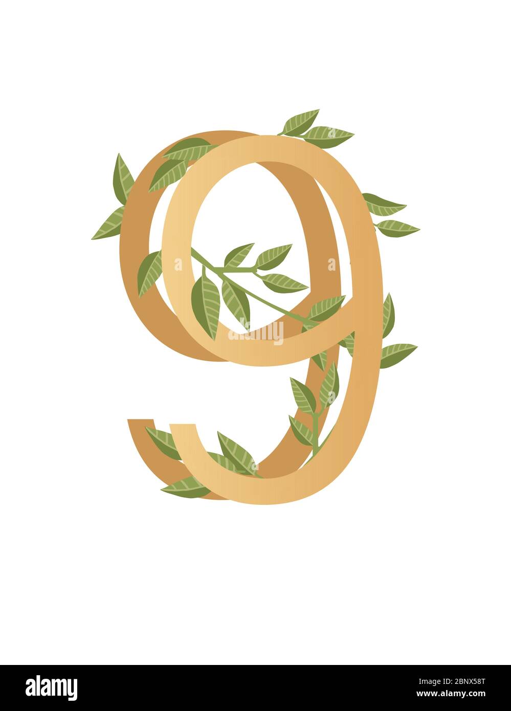 Number 9 with gradient style beige color covered with green leaves eco ...