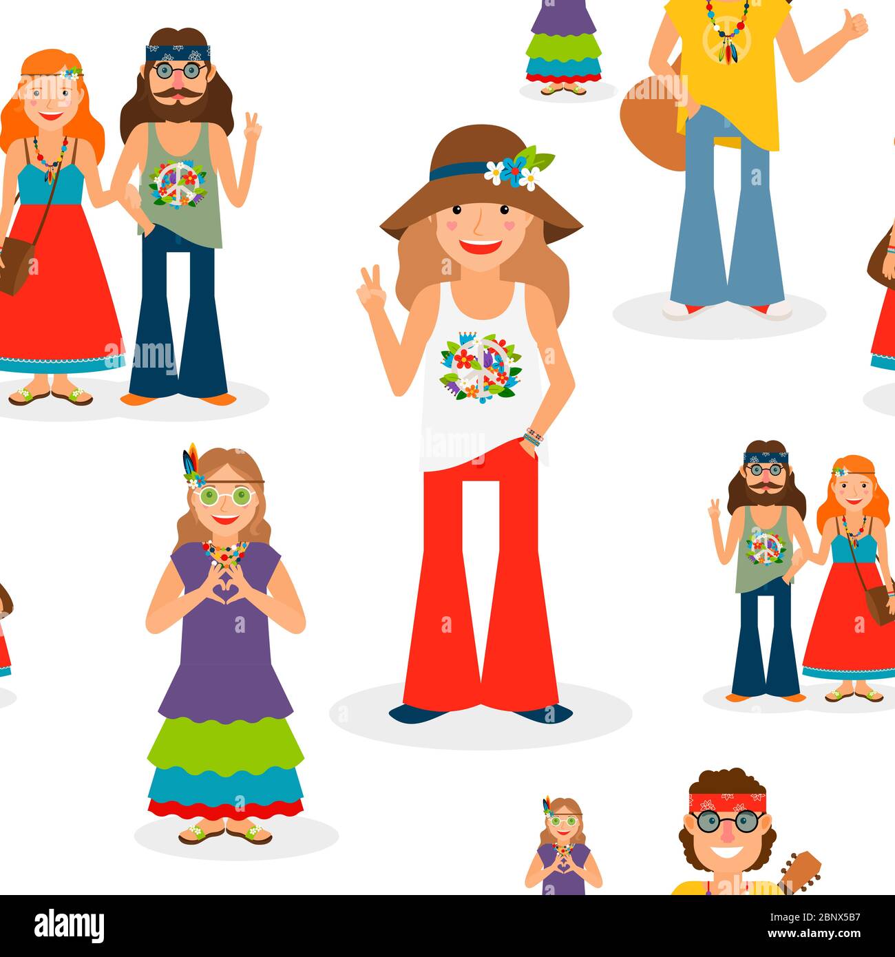 Vector illustration with happy hippie people seamless pattern Stock ...