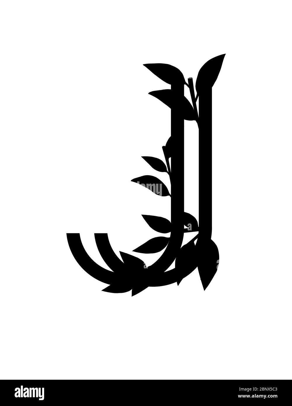 Black silhouette letter J with covered leaves eco font flat vector ...