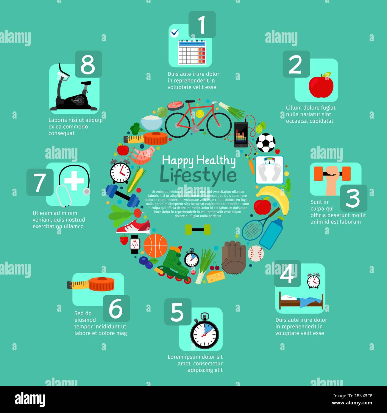 Healthy nutrition and fitness activity vector infographic in round ...