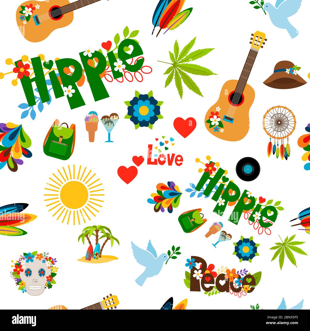 Vector illustration with colorful hippie signs seamless pattern Stock ...