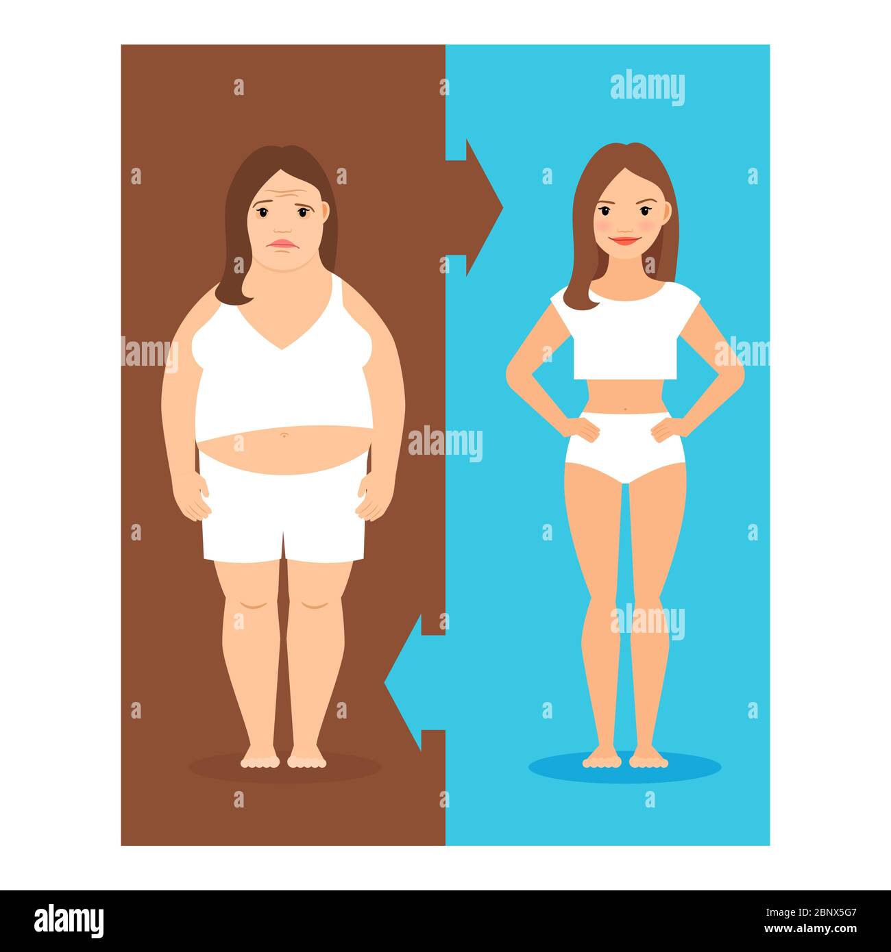 Weight loss concept. Slim and overweight girls vector illustration ...