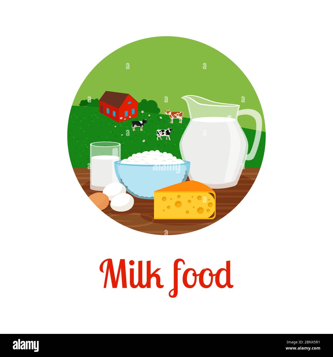 Milk and milk food with farm landscape circle icon design. Vector ...