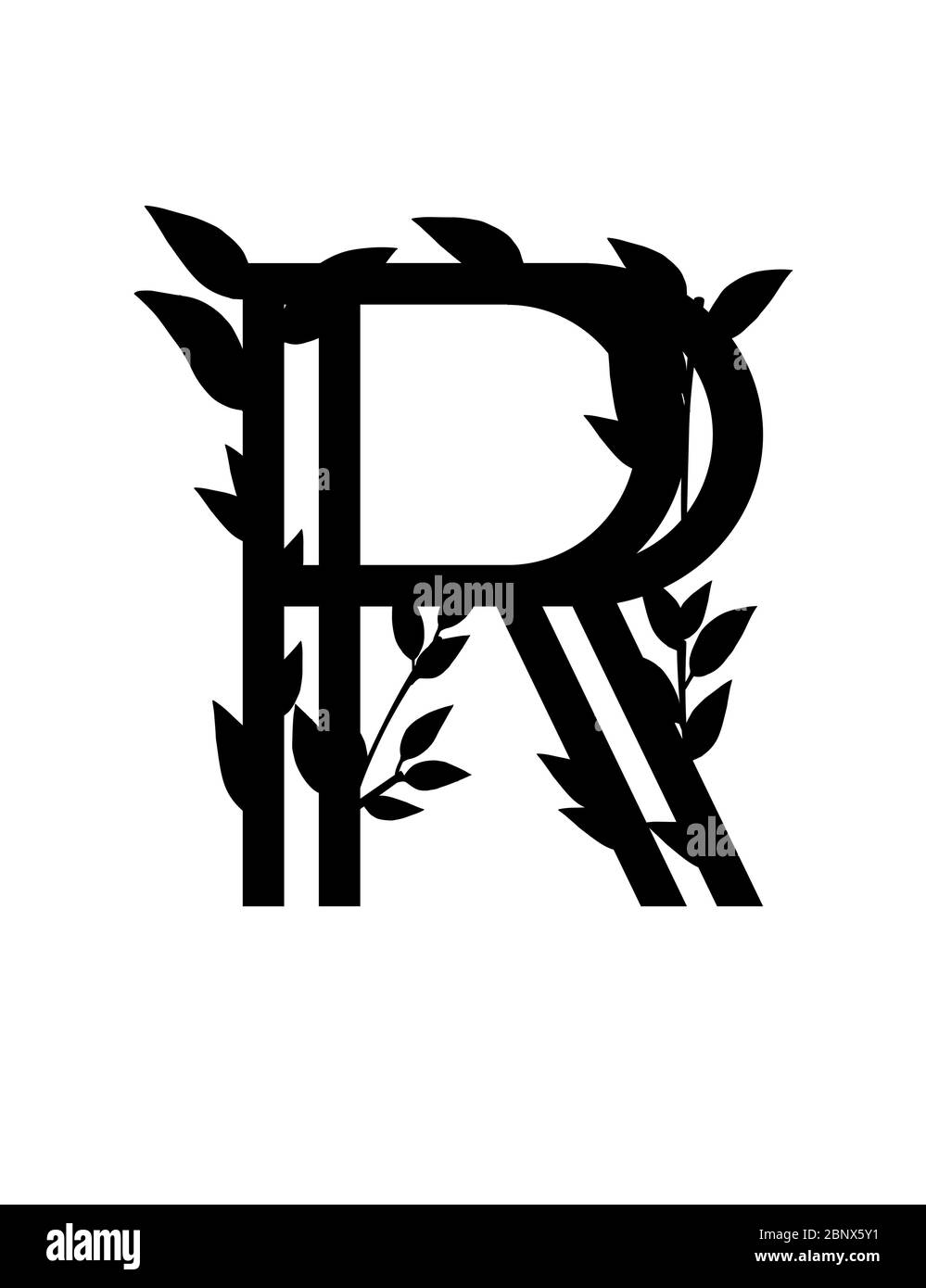 Black silhouette letter R with covered leaves eco font flat vector ...
