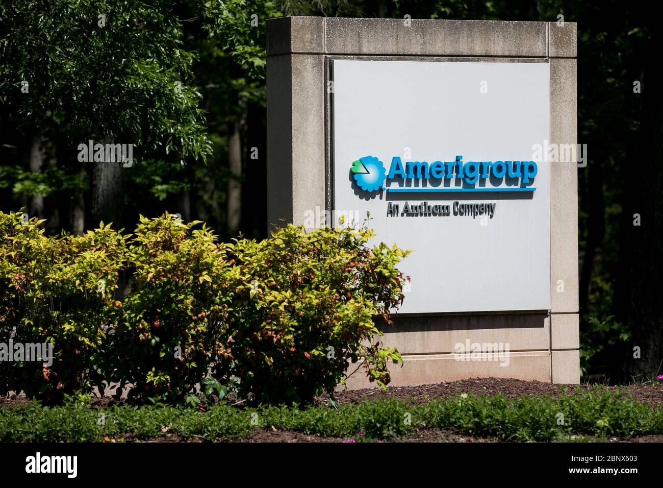 A logo sign outside of the headquarters of Amerigroup in Virginia Beach, Virginia on May 2, 2020 ...