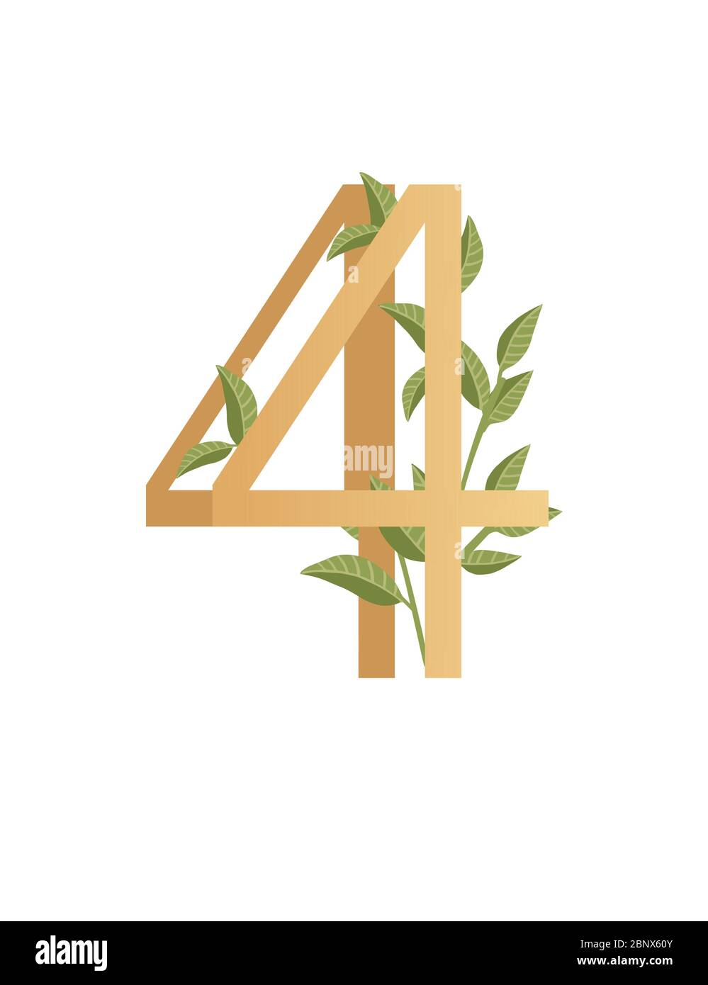 Number 4 with gradient style beige color covered with green leaves eco ...