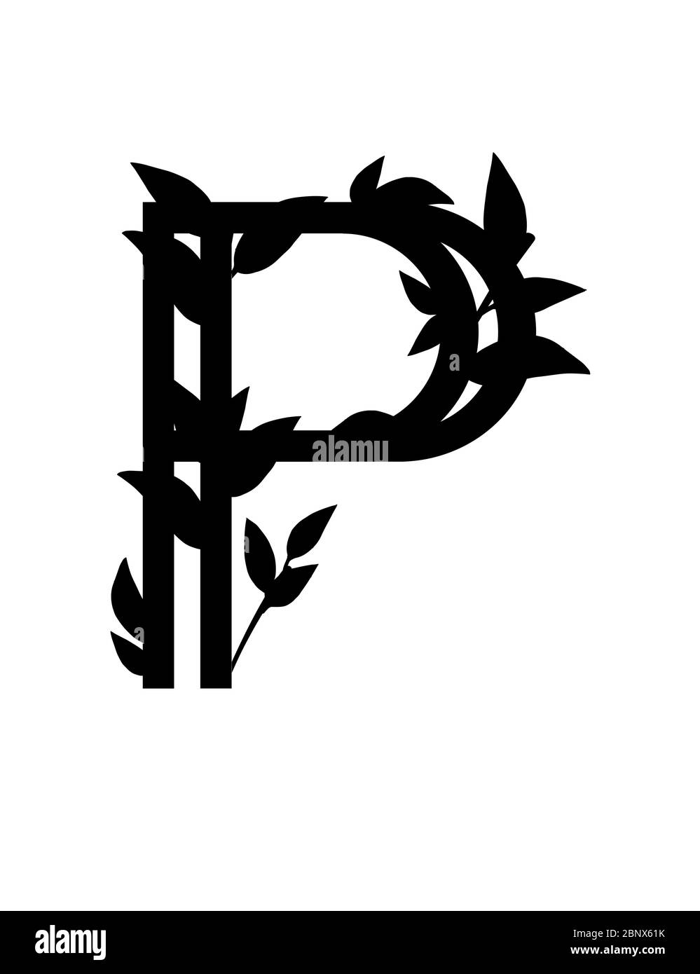Black silhouette letter P with covered leaves eco font flat vector ...