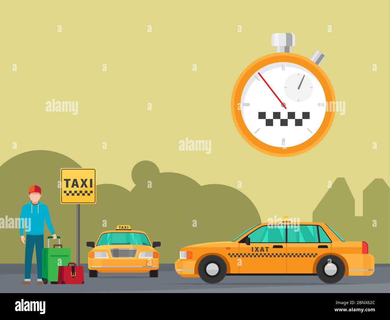City taxi transportation service vector illustration. Waiting for taxi ...