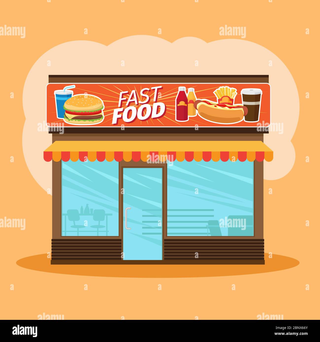 Fast food store front view on orandge background. Vector illustration ...