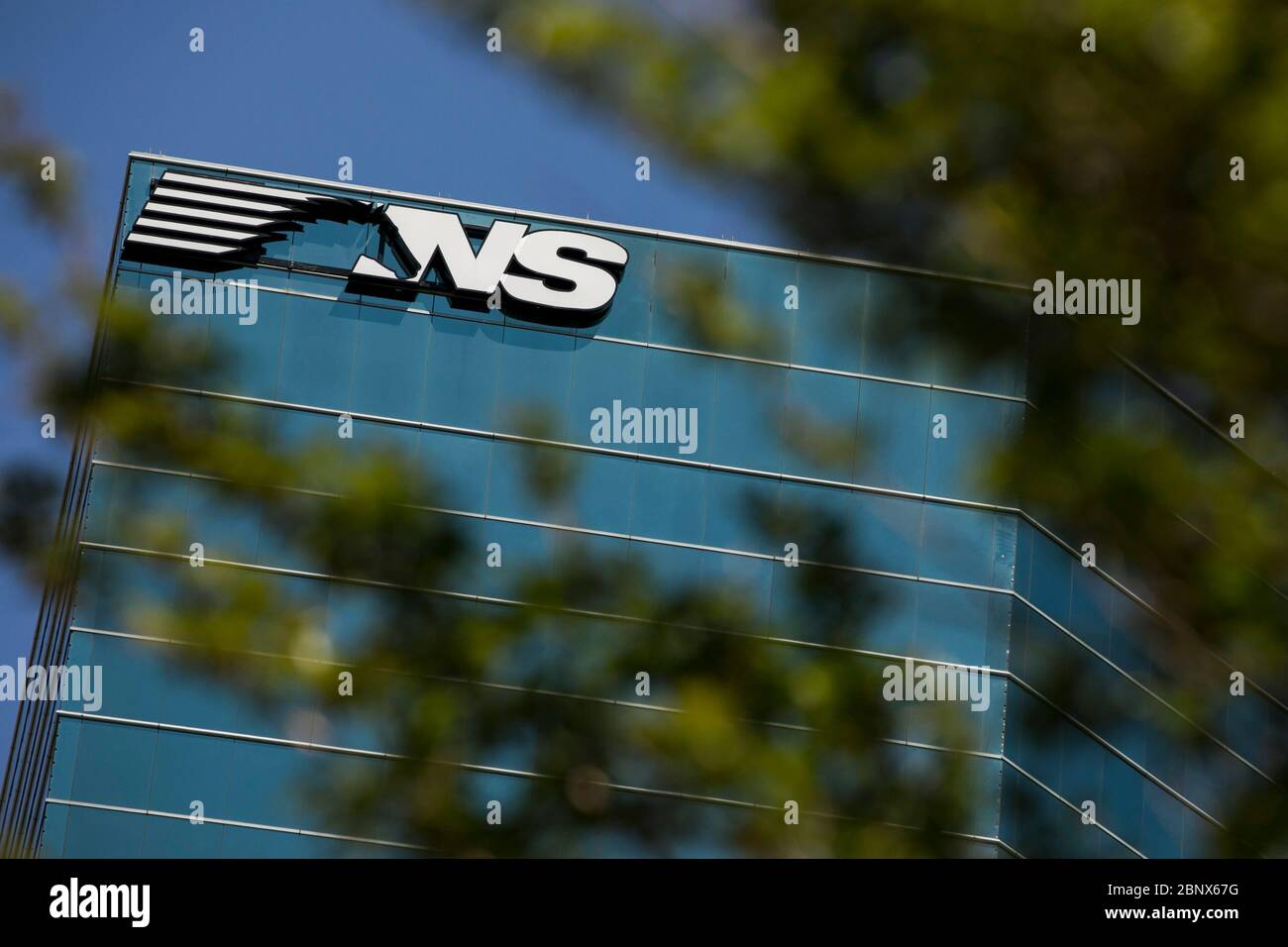 A logo sign outside of the headquarters of The Norfolk Southern Railway ...