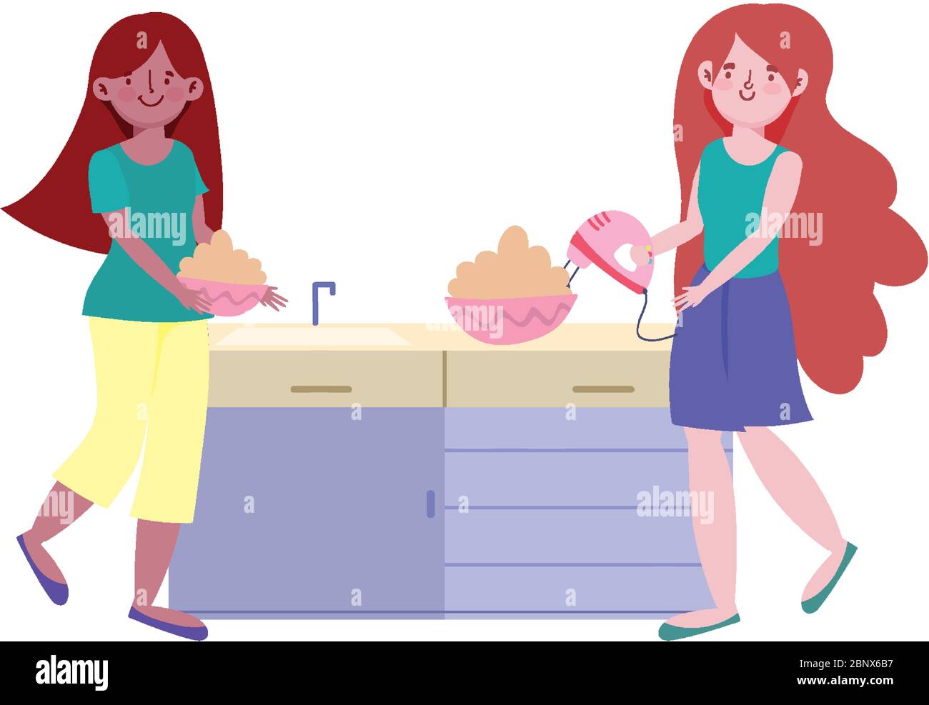 people cooking, girls with electric mixer cream and bowl in the kitchen ...