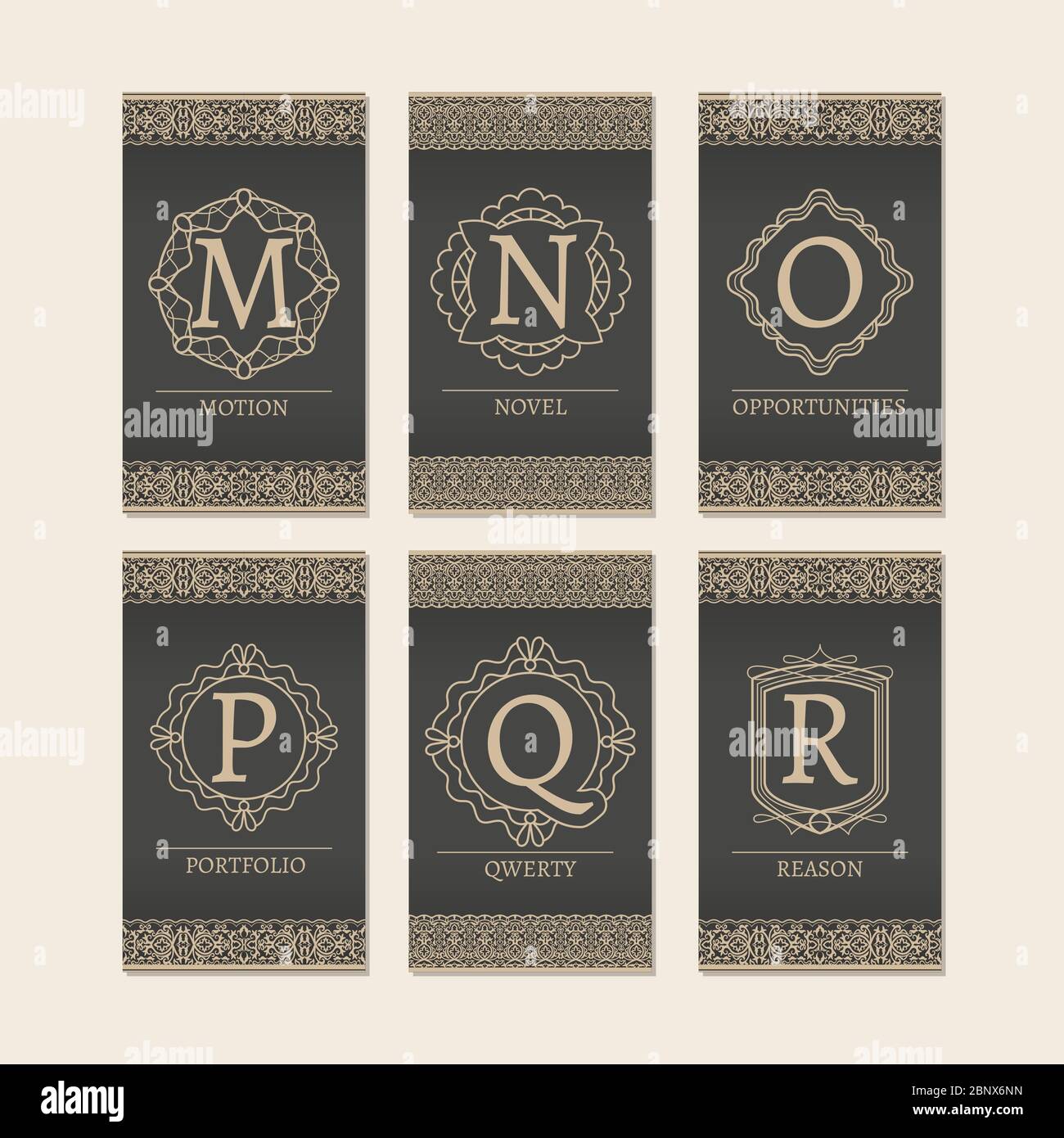 Cards set with monogram logos and borders. Letters M-R vector ...