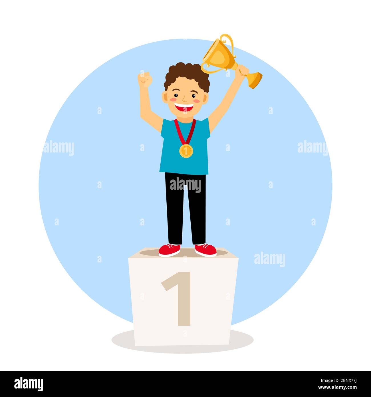 Number one. Child young winner podium. Sport athletic kid on pedestal ...