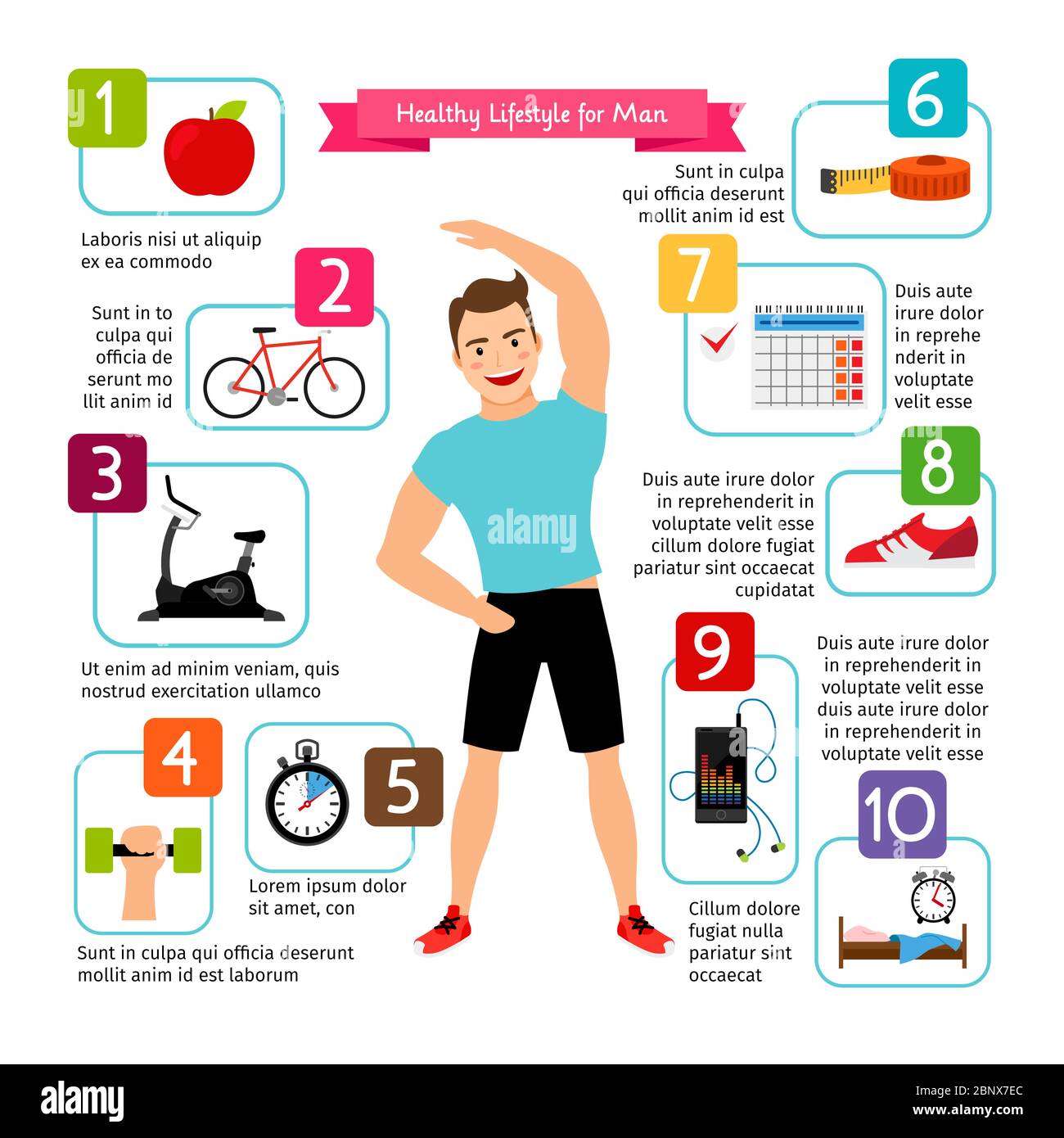 Man healthy lifestyle infographics. Diet food, sports heart, positive ...