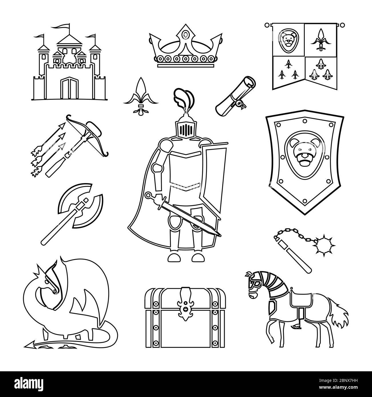 Knighthood in Middle Ages line art Icons. Medieval ancient armor and ...