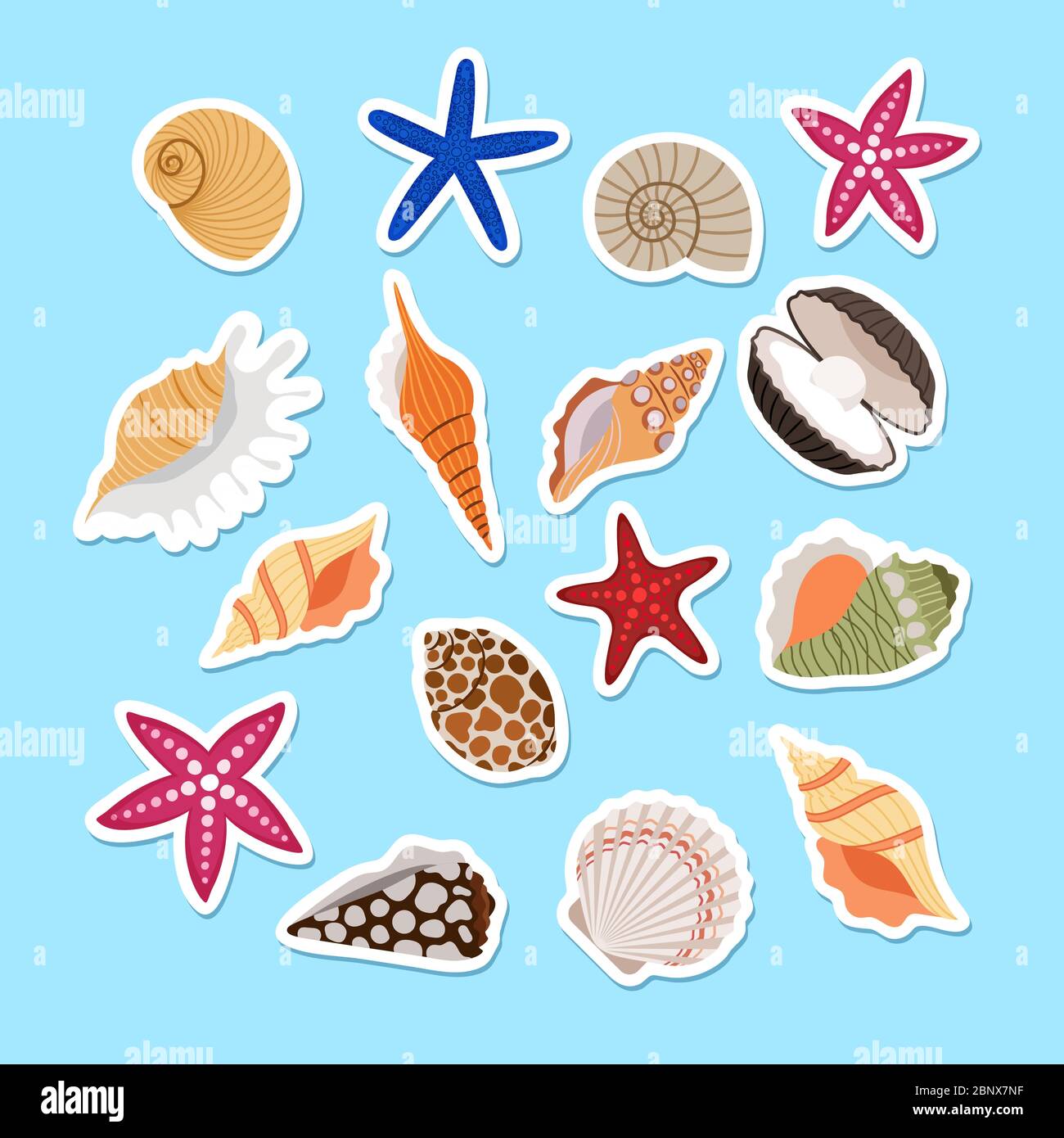 Sea shells cute stickers, vector set on light blue background Stock ...