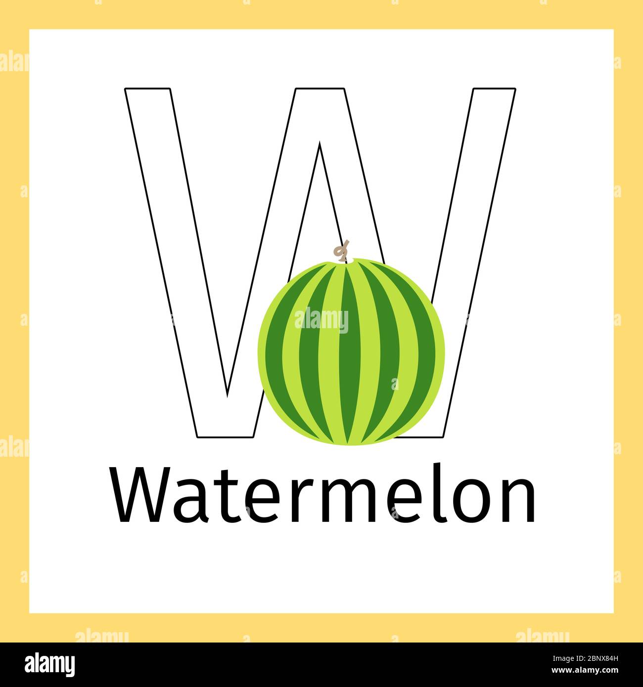 Kids education card with watermelon fruit and outline letter W for ...