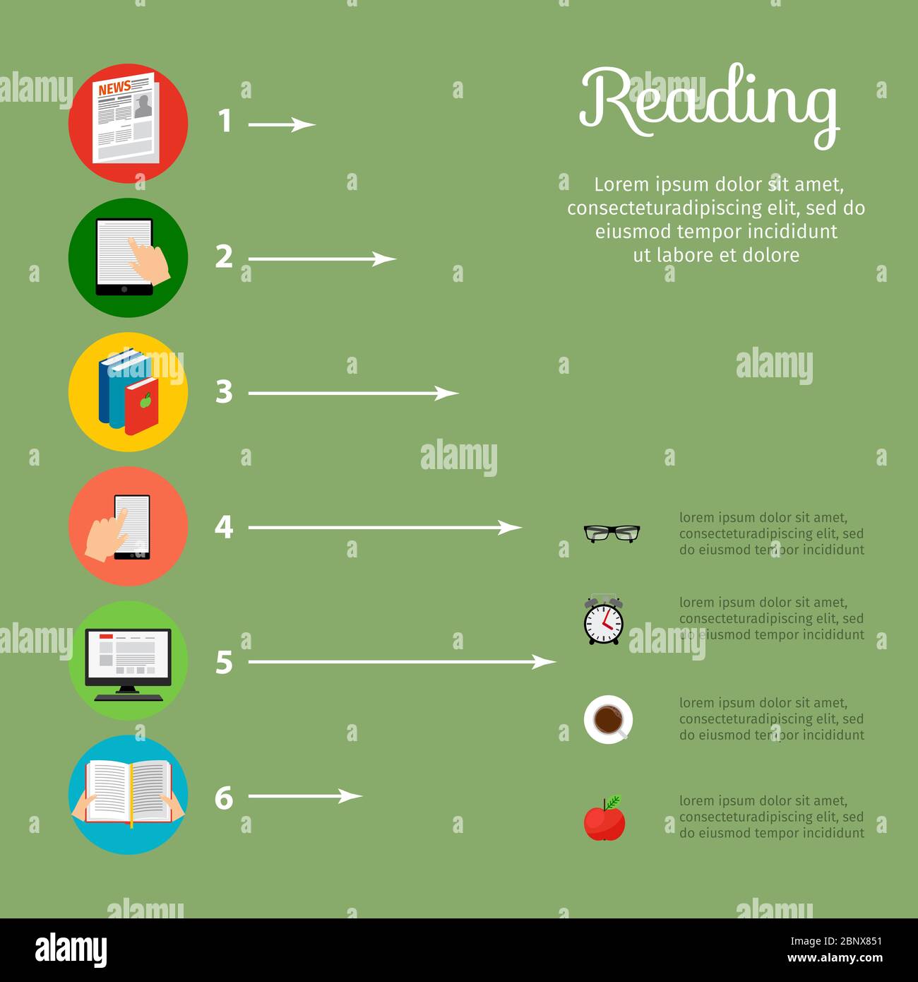 Reading infographic, vector illustration on the green background Stock ...
