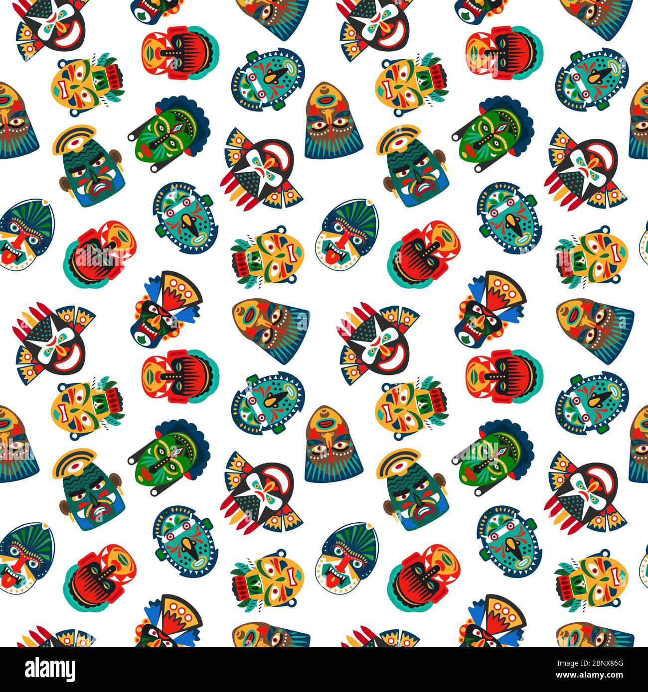 Tribal colorful masks seamless pattern with white background. Vector ...