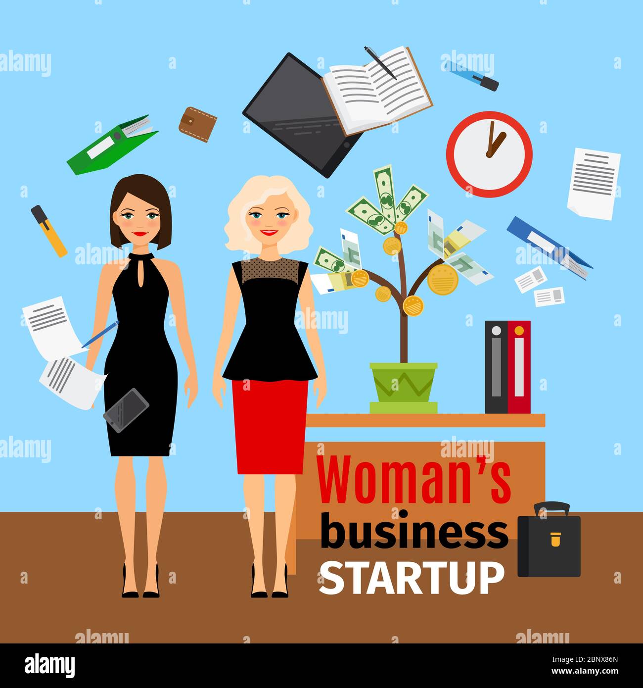 Women in office with money tree. Womans business startup vector ...