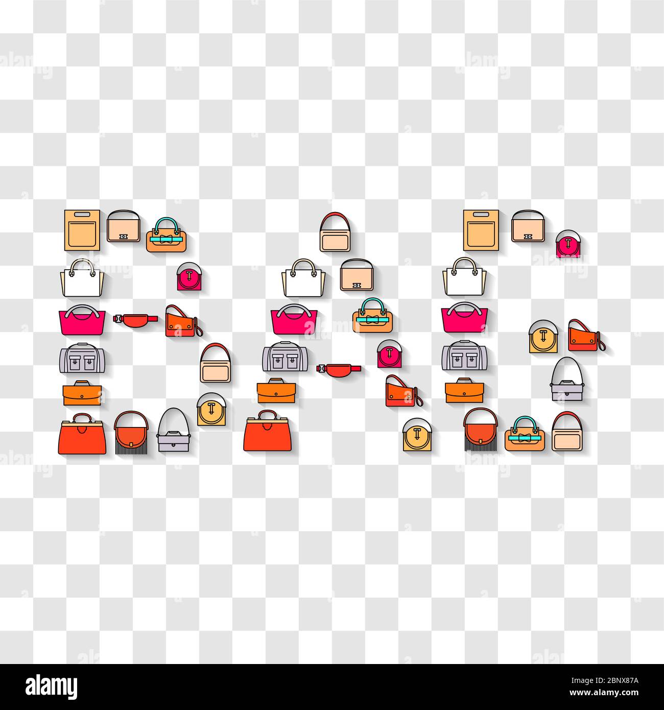 Cartoon bag symbols in word. Transparent background and shadow. Vector ...