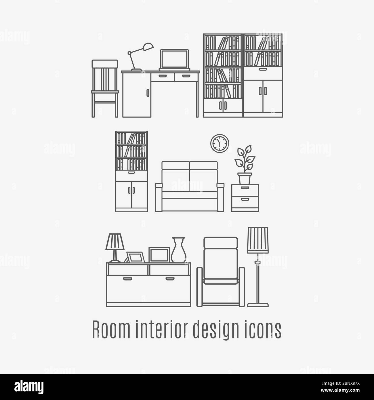 Line art room interior icons set. Vector illustration on white ...