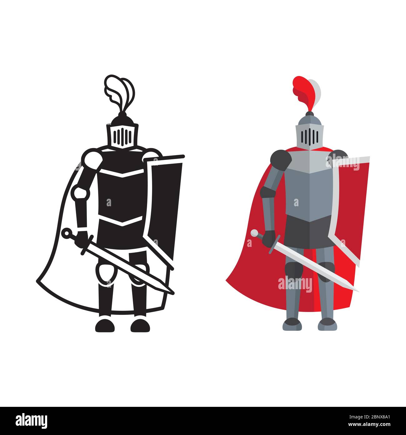 Medieval knight icon and silhouette isolated on white background ...