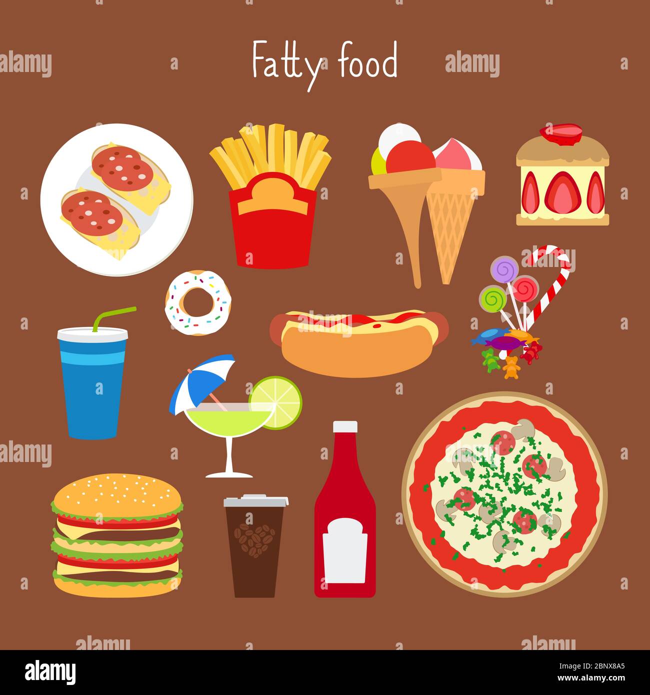 Fatty food vector illustration on the brown background Stock Vector ...