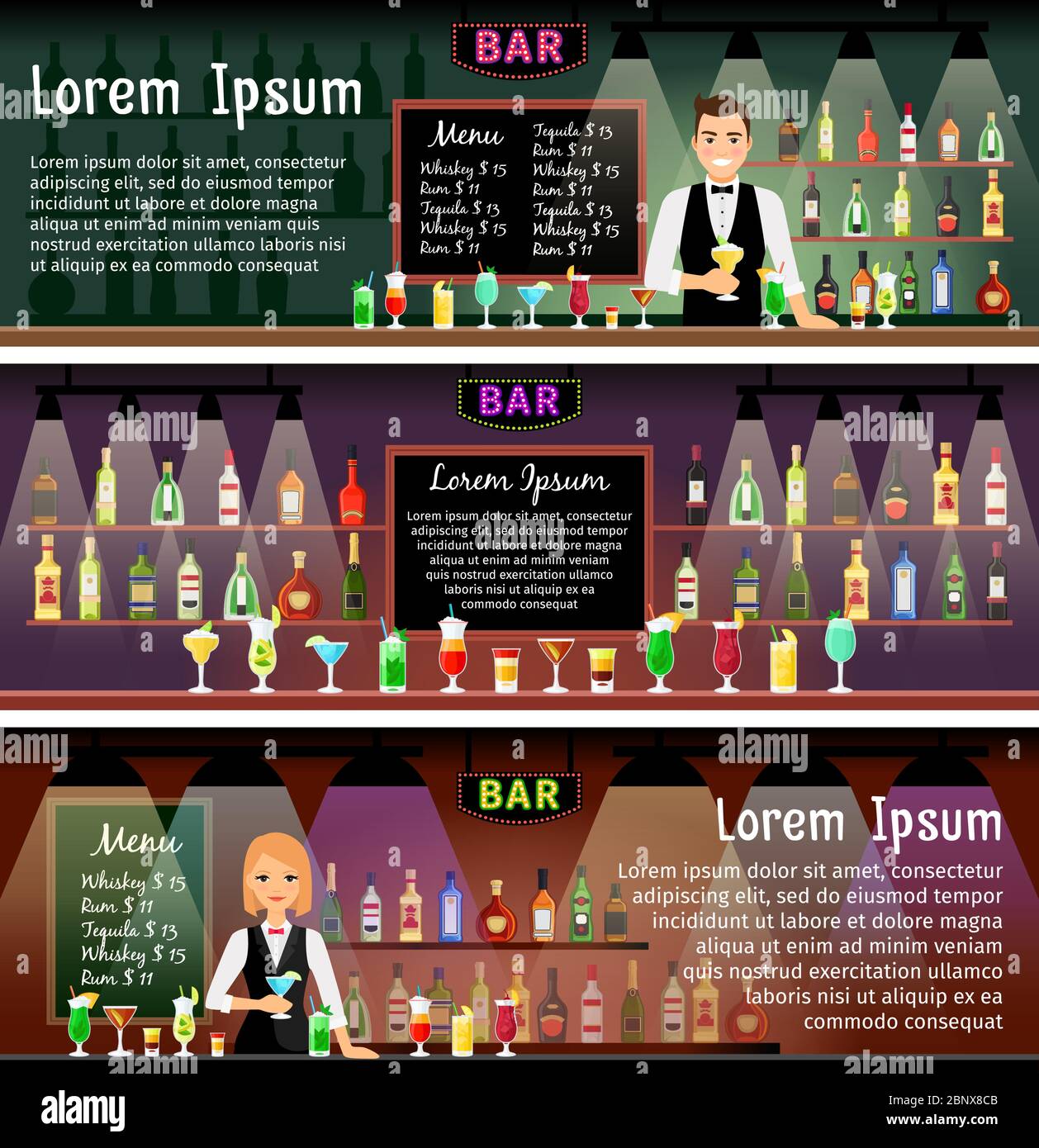 Bar banners set with bartender and alcohol bottles on shelves. Vector ...