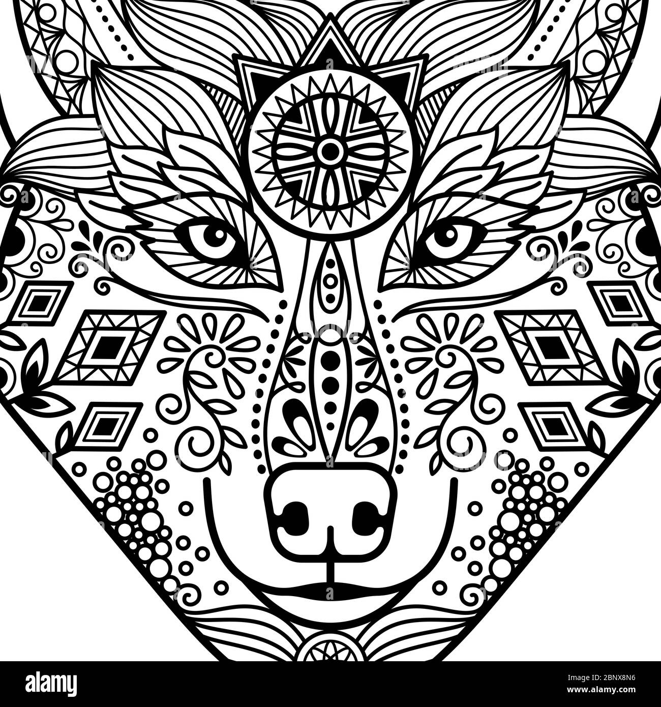 Zentangle black contour wolf head with hand drawn guata vector ornament ...