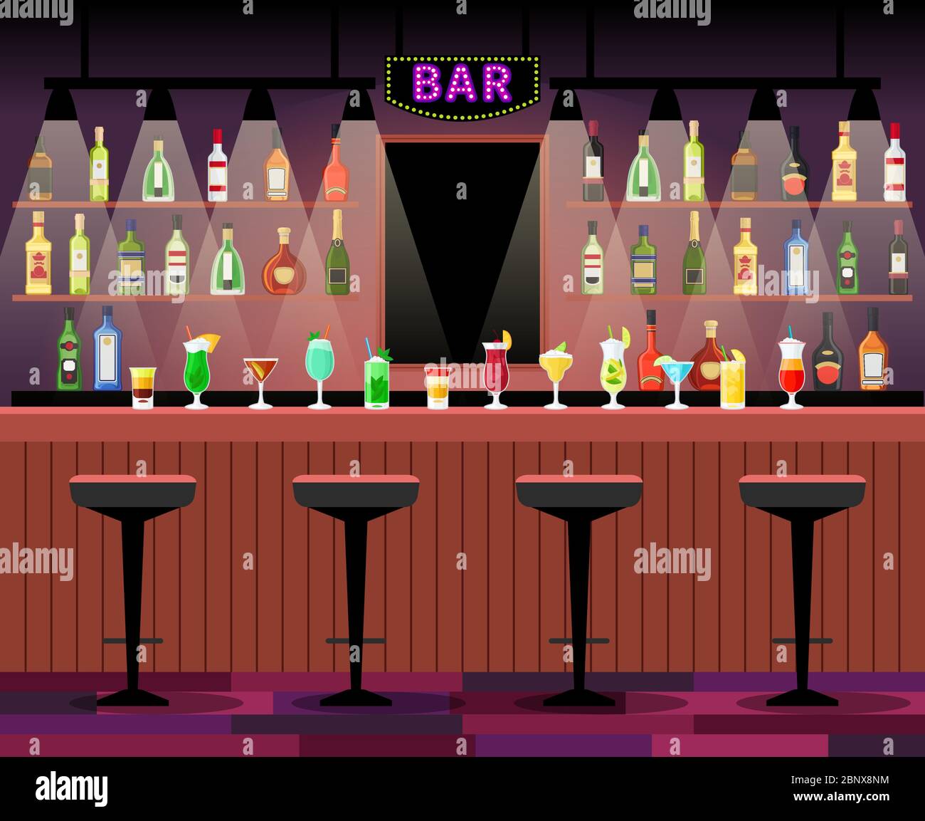 Bar counter with stools before it, and alcohol cocktails and bottles on ...