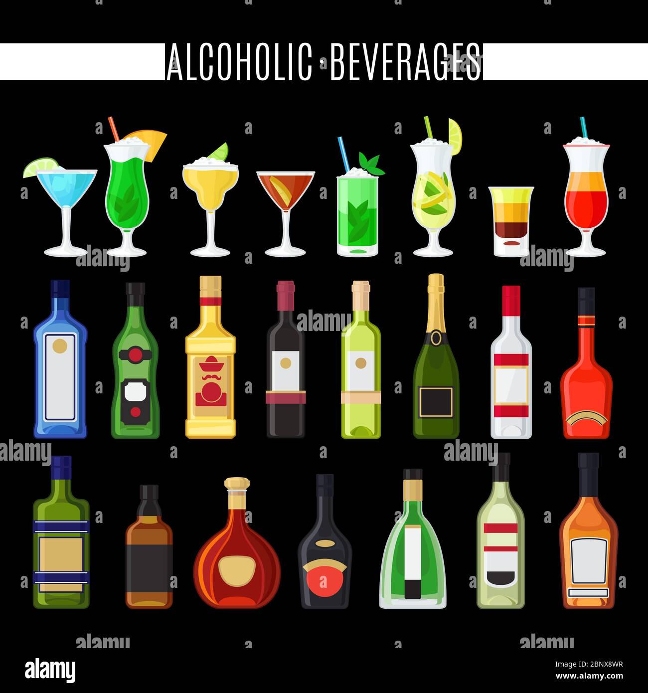 Alcoholic beverages icons set on black background. Cocktails and ...