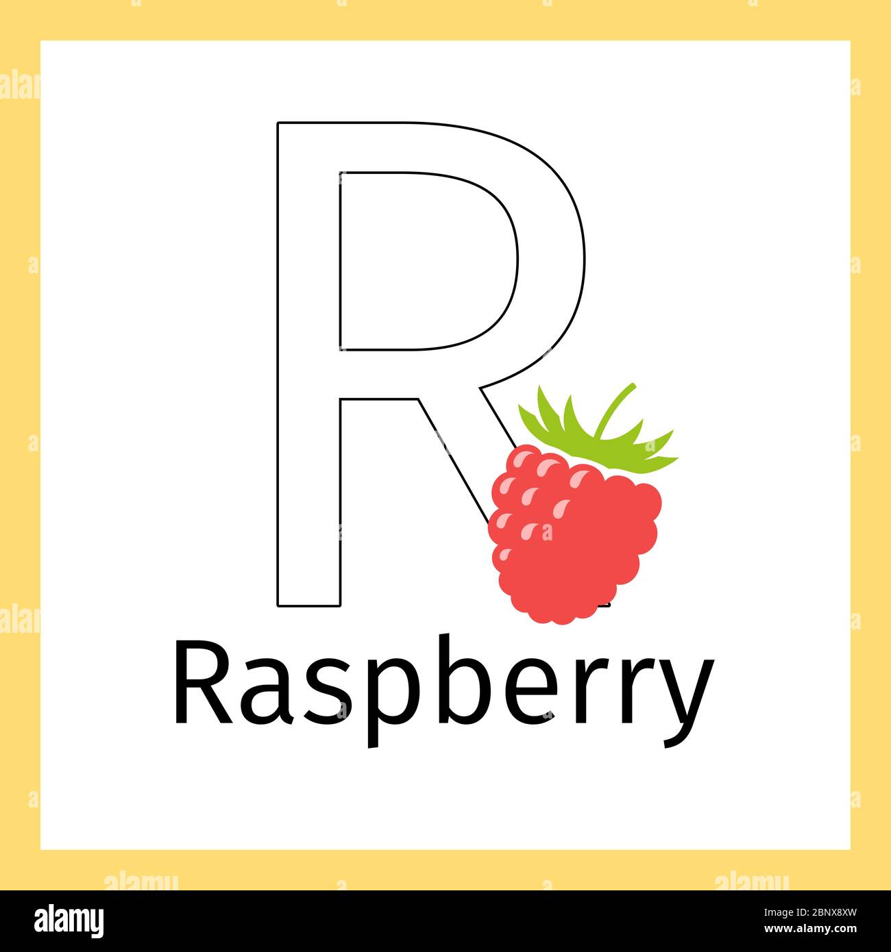 Kids education card with raspberry and outline letter R for coloring ...