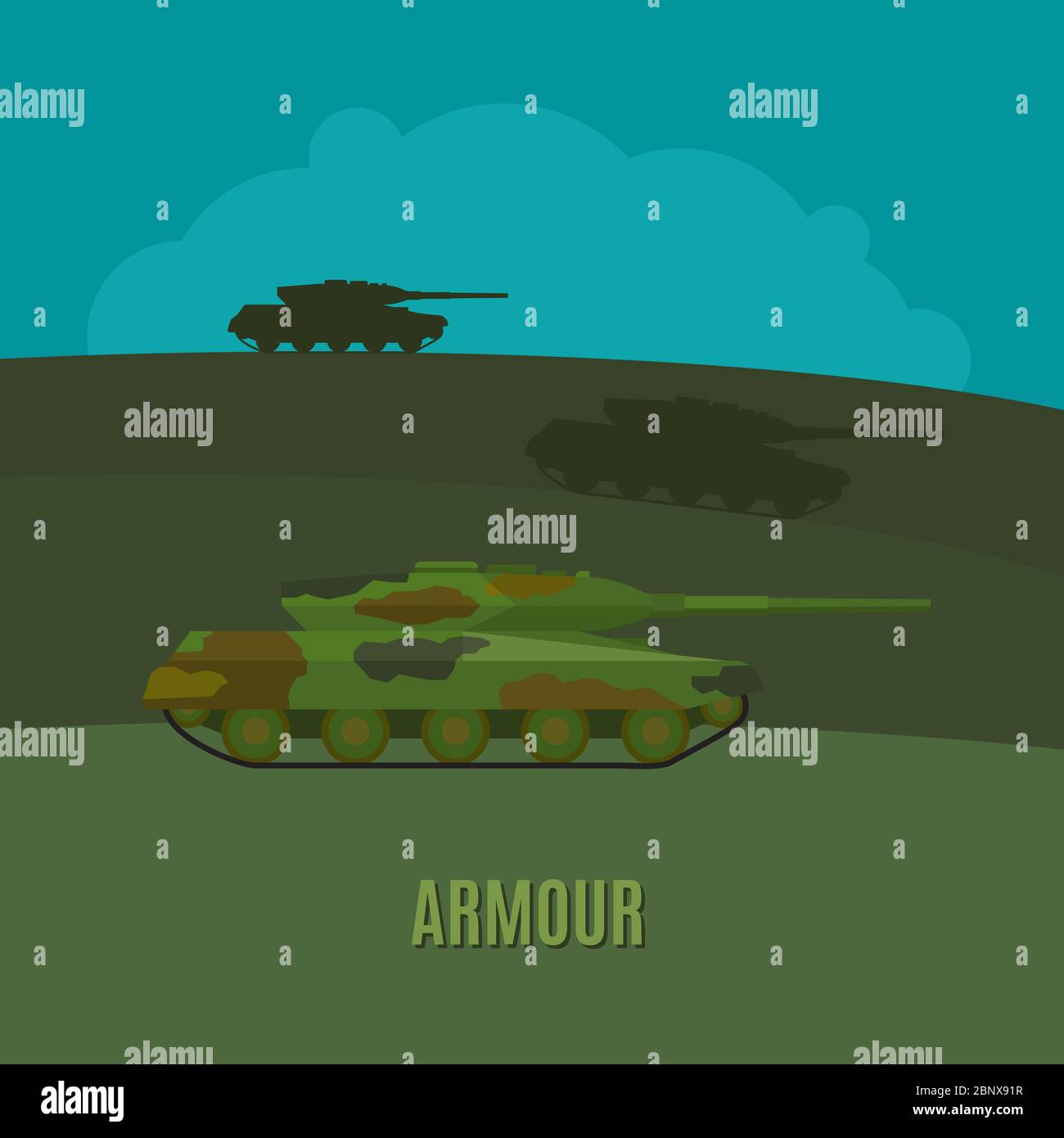 Armed forces, tanks on navy green background with text armour vector ...
