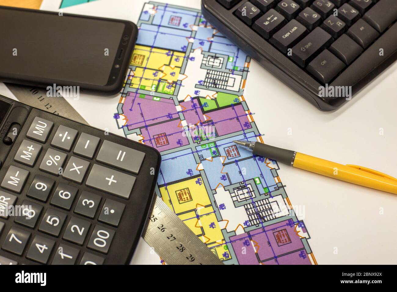 Calcurator, pen and ruler on building house architecture plan drawing ...