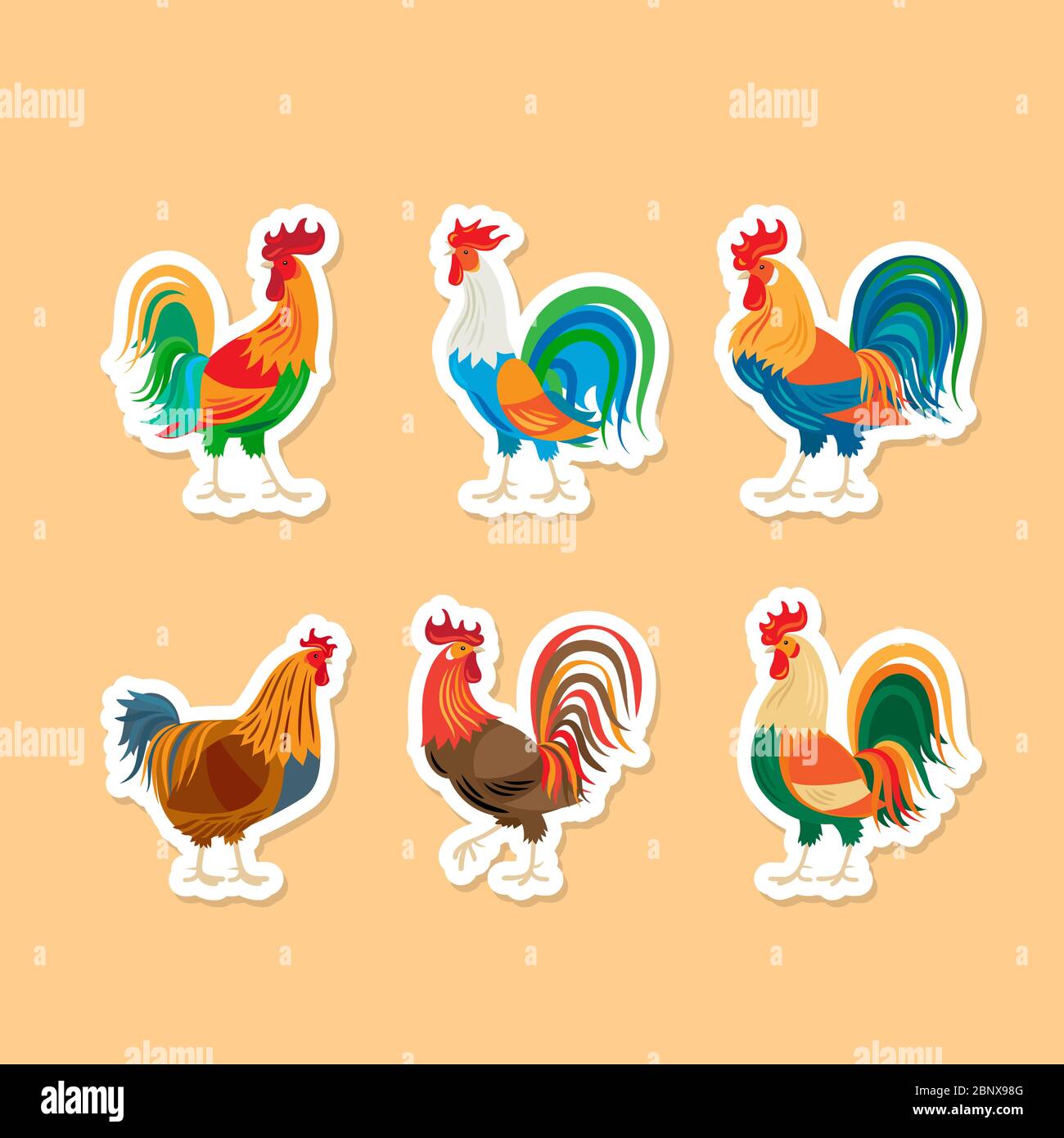 Roosters stickers. Chickens farm cockerel set. Vector illustration ...