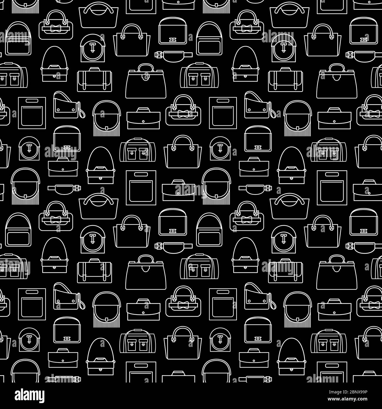 Fashion bags seamless pattern with white outline elements and black ...