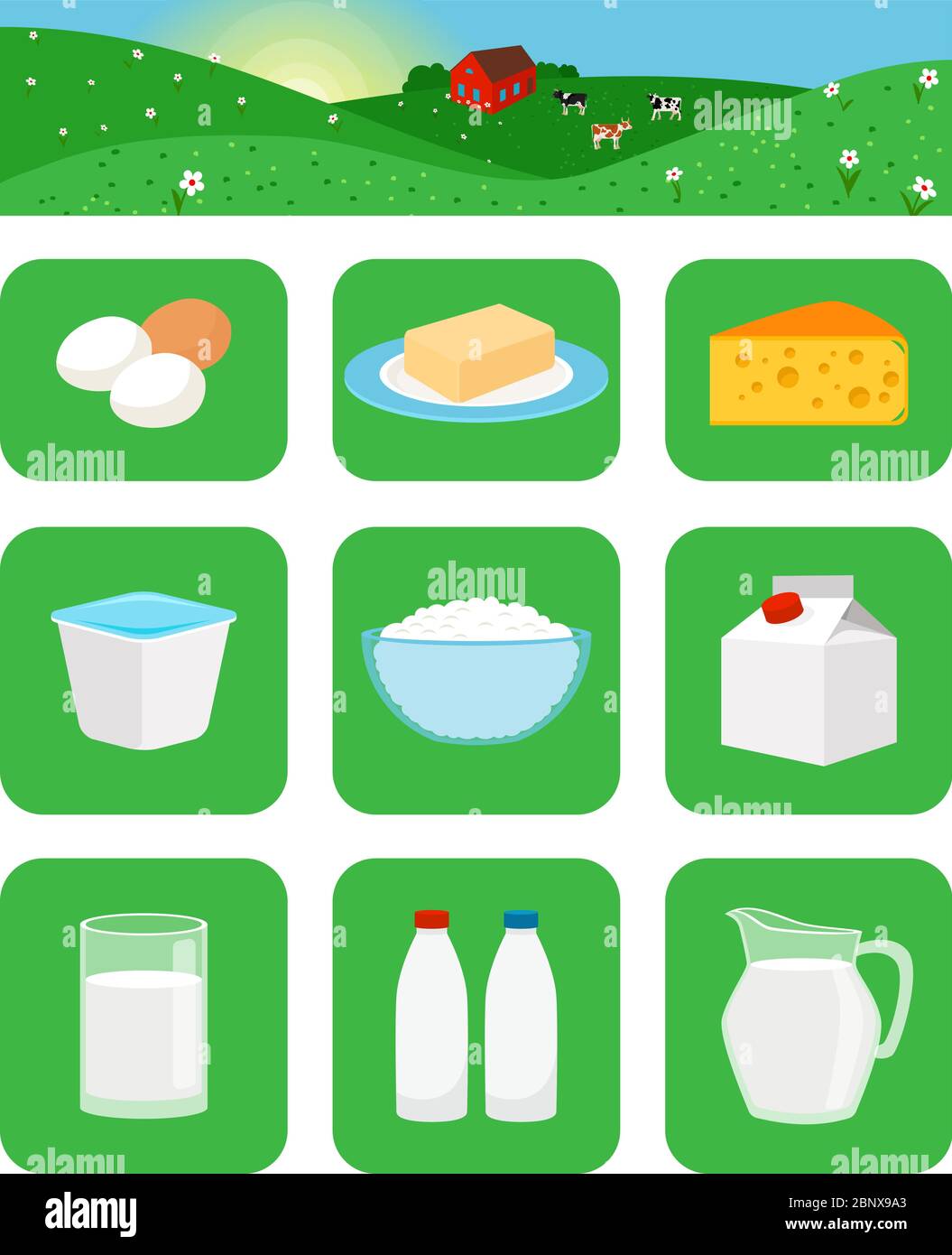 Milk productsicons in green squares. Farm natural food vector ...