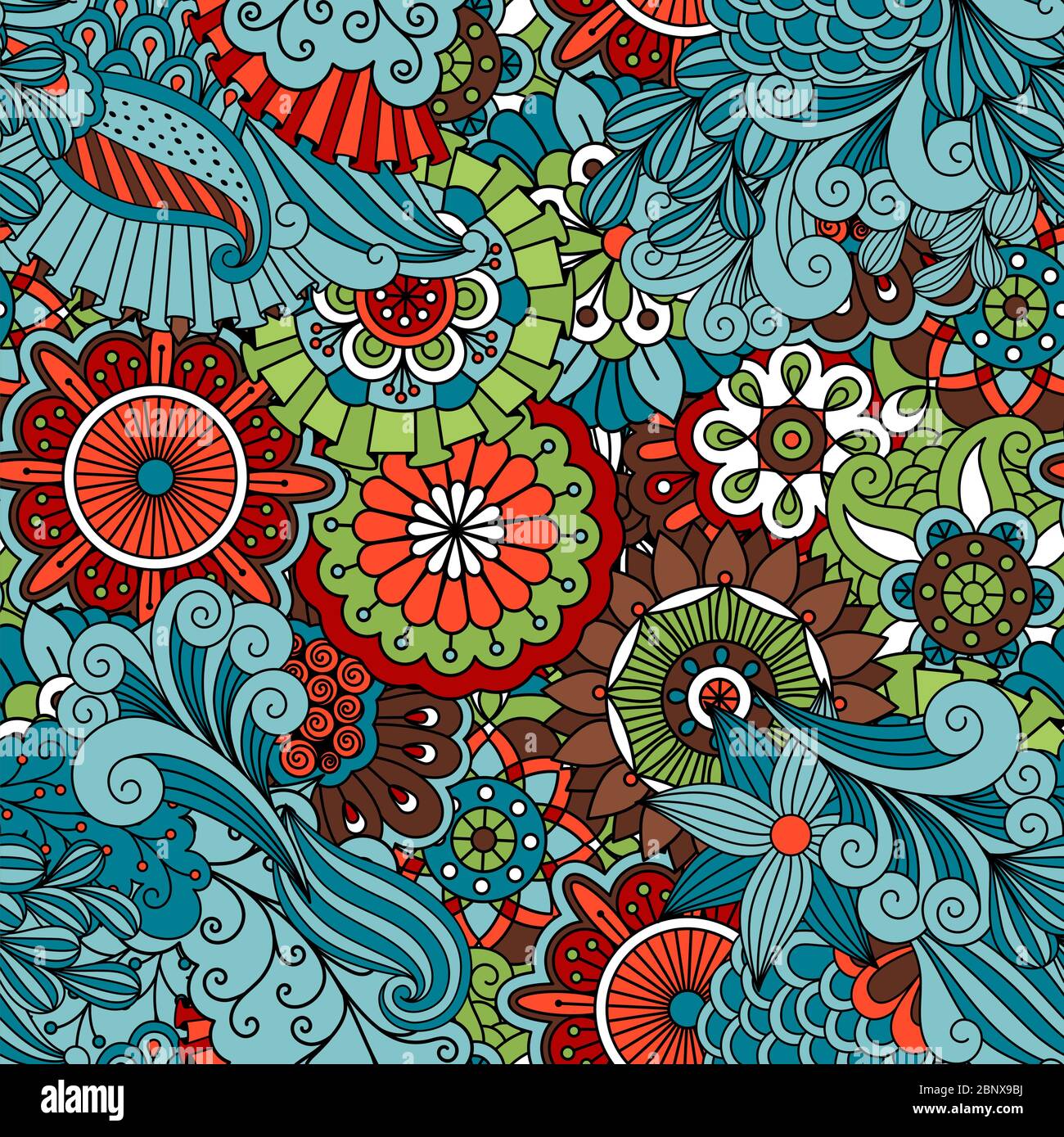 Colorful floral ethnic pattern with leaves and swirls. Vector ...